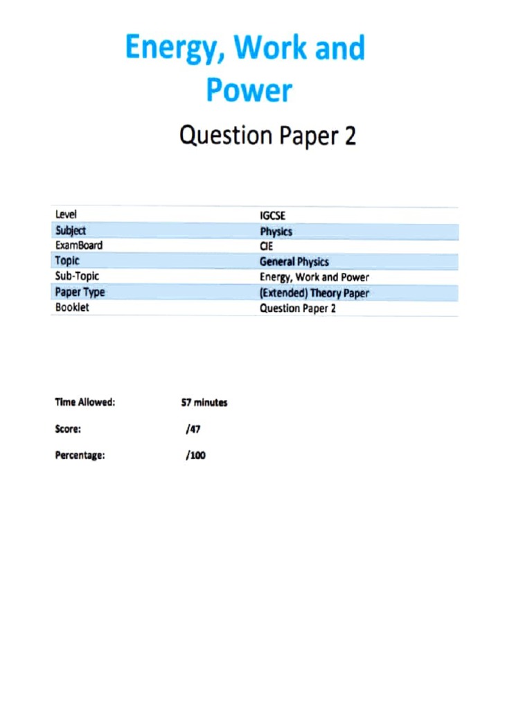 IGCSE Physics: Energy, Work & Power Exam | PDF | Potential Energy ...