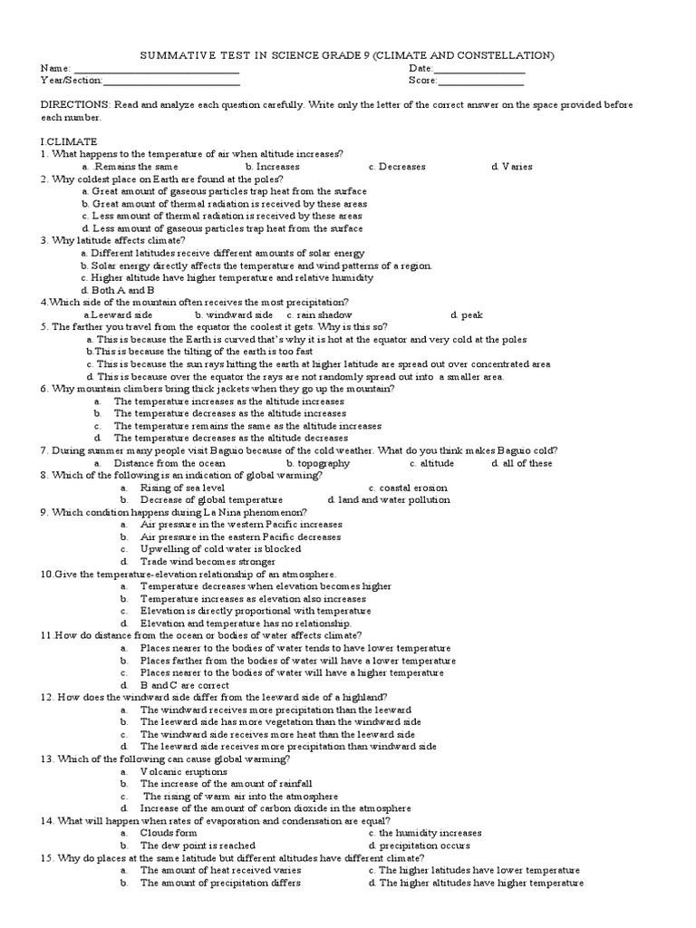 Summative Test Climate | PDF | Atmosphere Of Earth | Stars