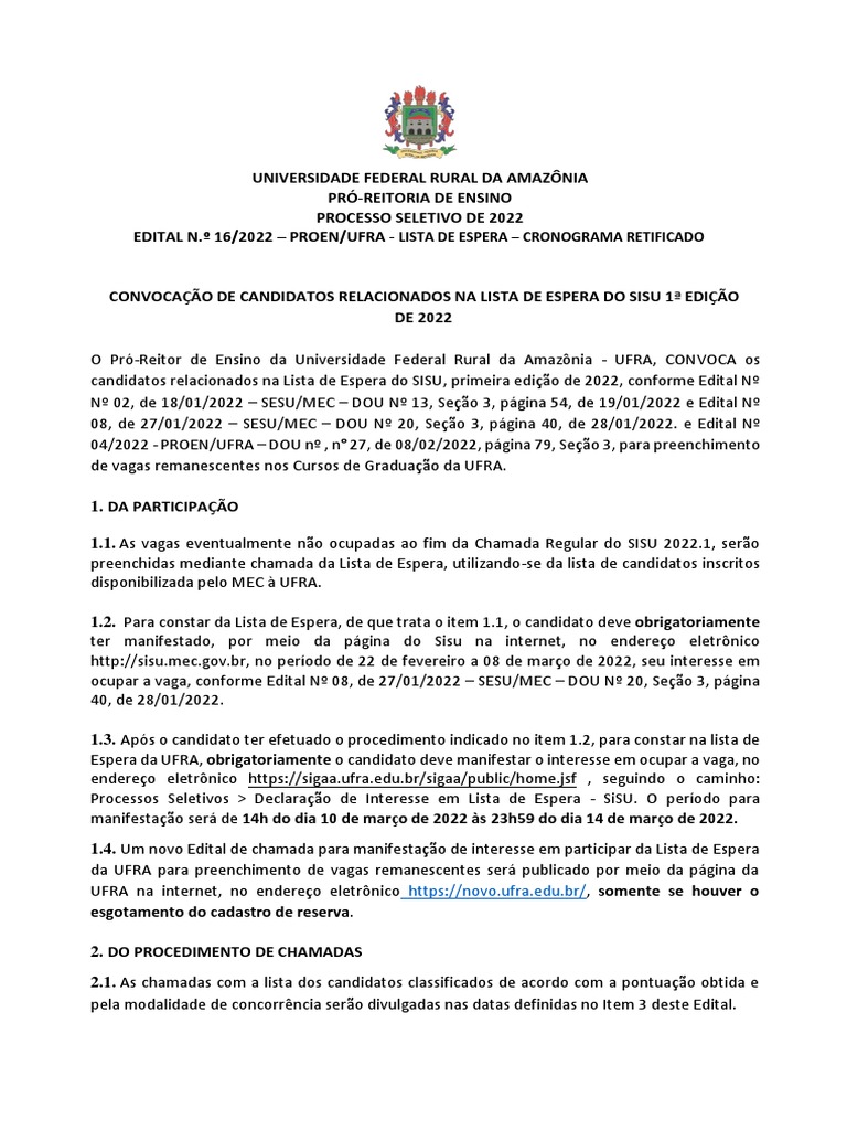 Edital16 Lista de Espera Sisu Ufra 2022 Retificado 230322 | PDF | Carteira de Motorista