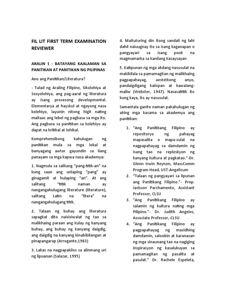 Fil Lit First Term Examination Reviewer | PDF