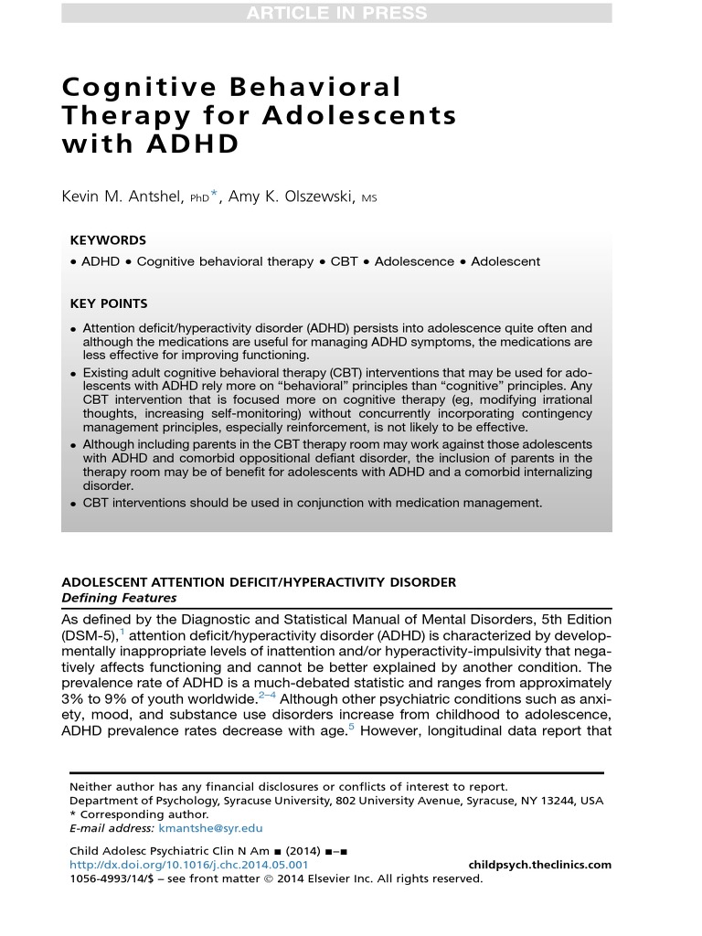 Cognitivebehavioral Therapyforadolescents Withadhd: Kevin M. Antshel ...