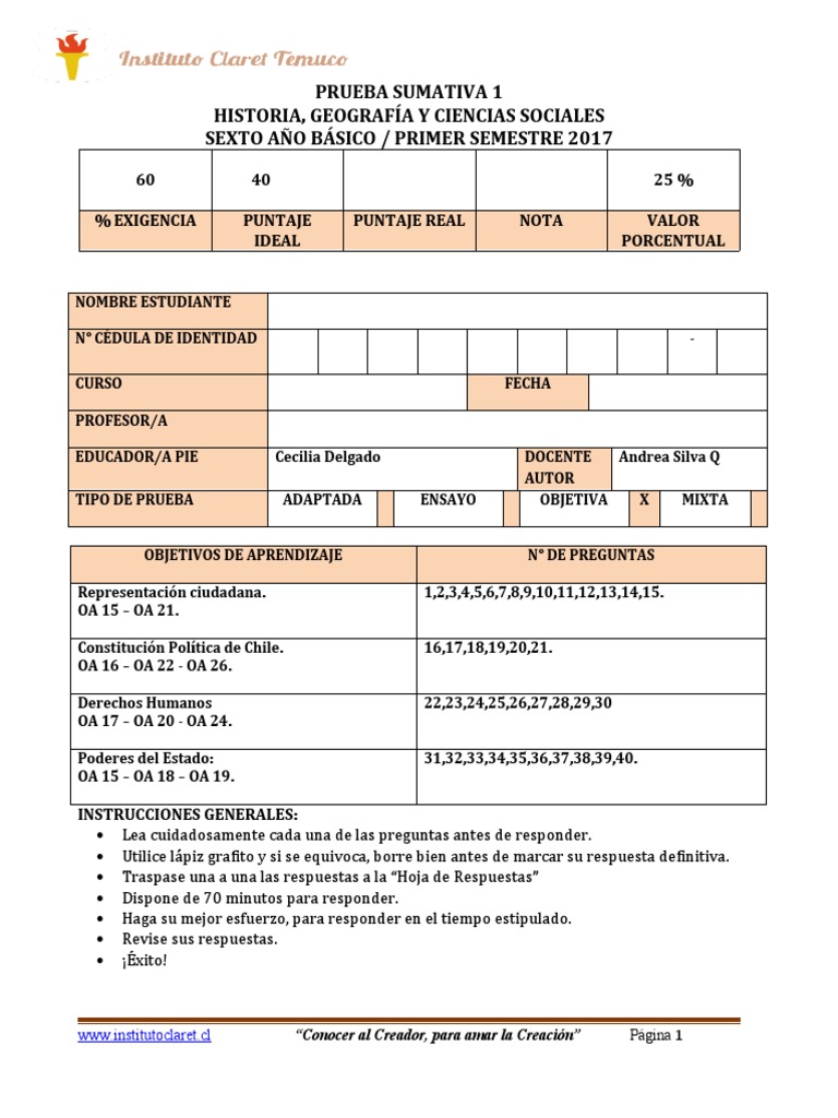 6 Básico Prueba 1 Unidad 1 Hi Sexto Básico Forma A Pdf