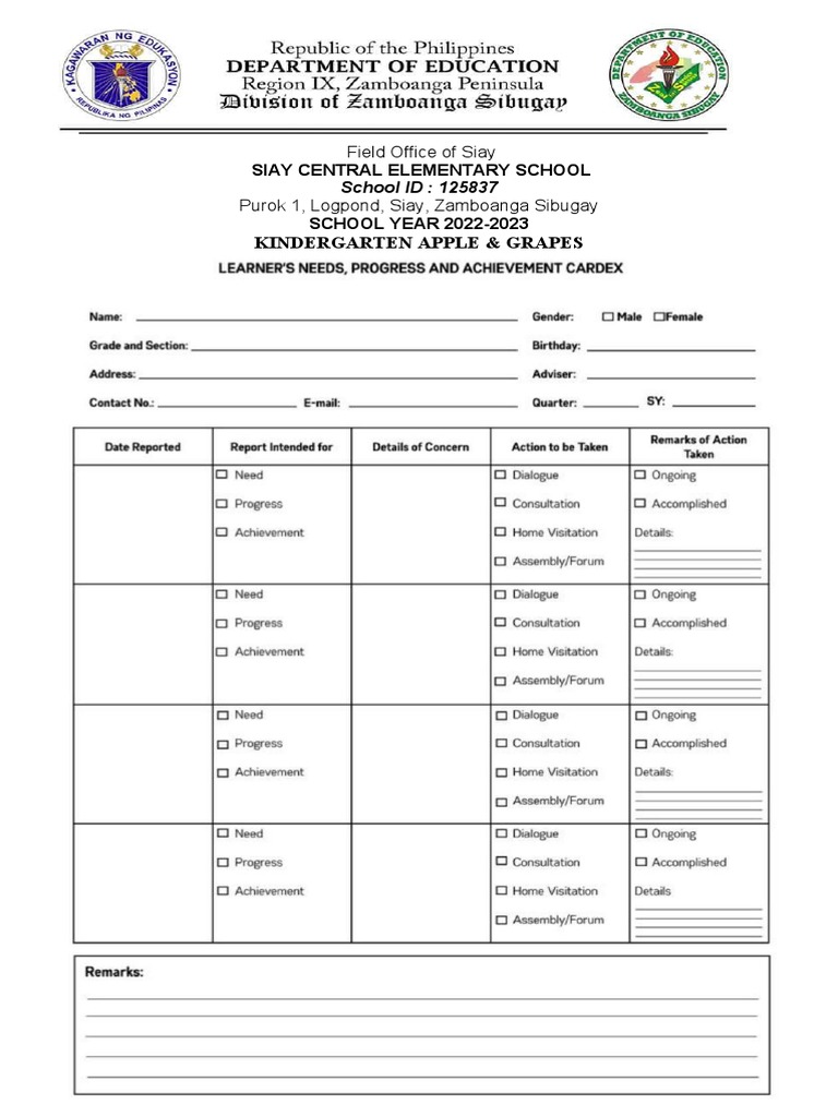 Learners Needs, Progress and Achievement Cardex | PDF