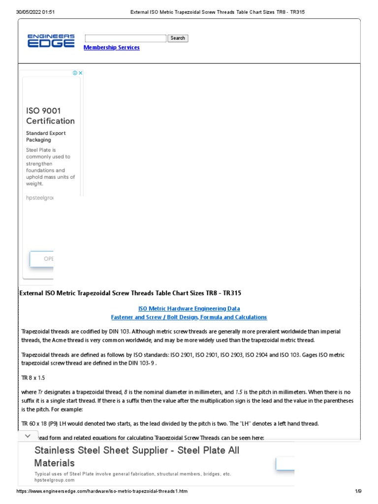 External ISO Metric Trapezoidal Screw Threads Table Chart Sizes TR8 ...