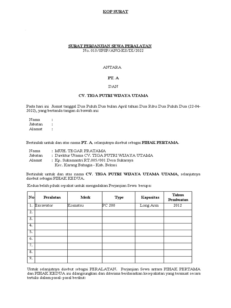 Perjanjian Sewa Alat Berat Excavator | PDF