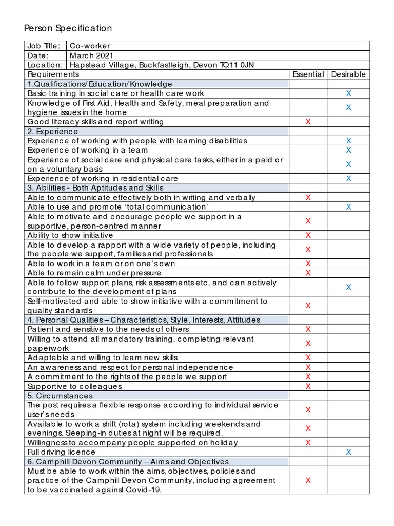Camphill Devon Co-Worker Person Specification | PDF | Experience ...