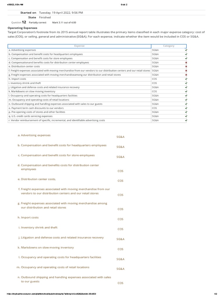 Operating Expenses Classification Quiz | PDF | Merchandising | Sales