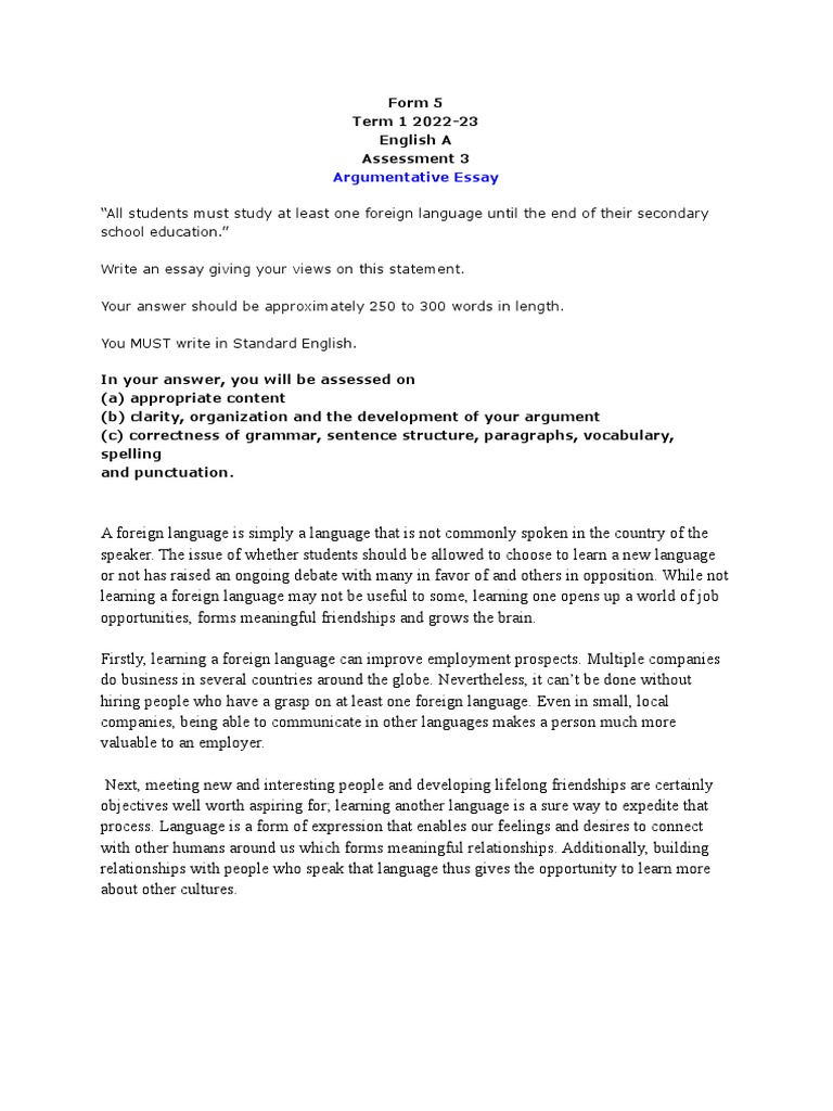 Form 5 - Argumentative Essay. | PDF | English Language | Foreign Language