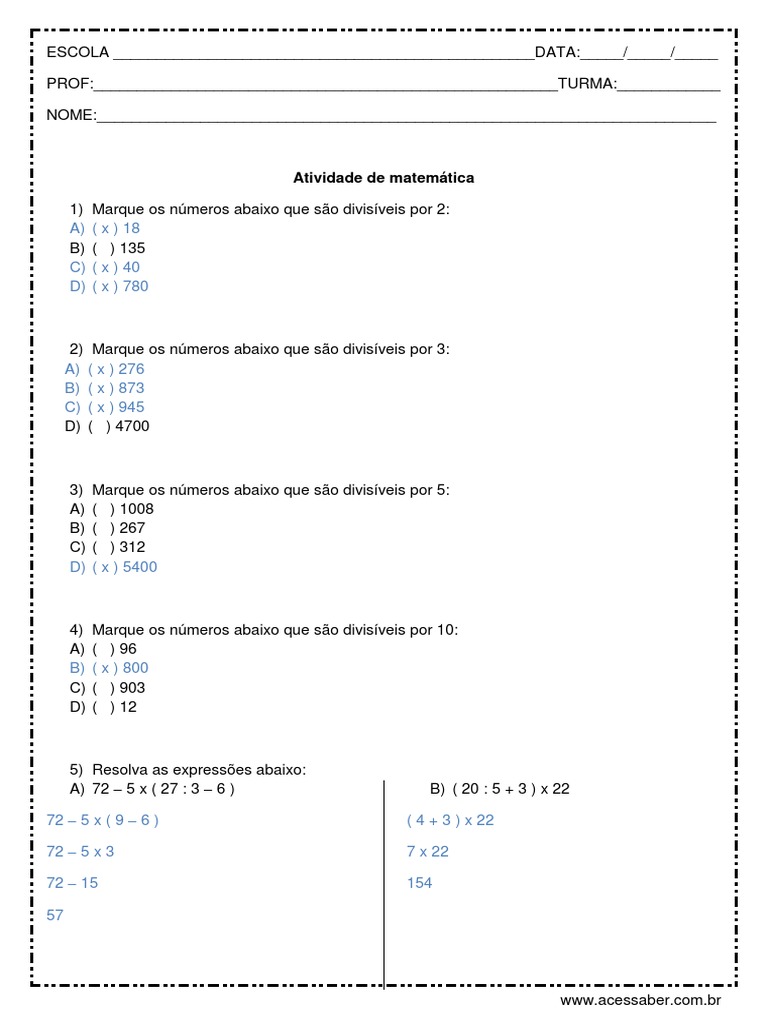 Atividade de Matematica Divisao e Expressoes Numericas 6º Ano - Respostas | PDF