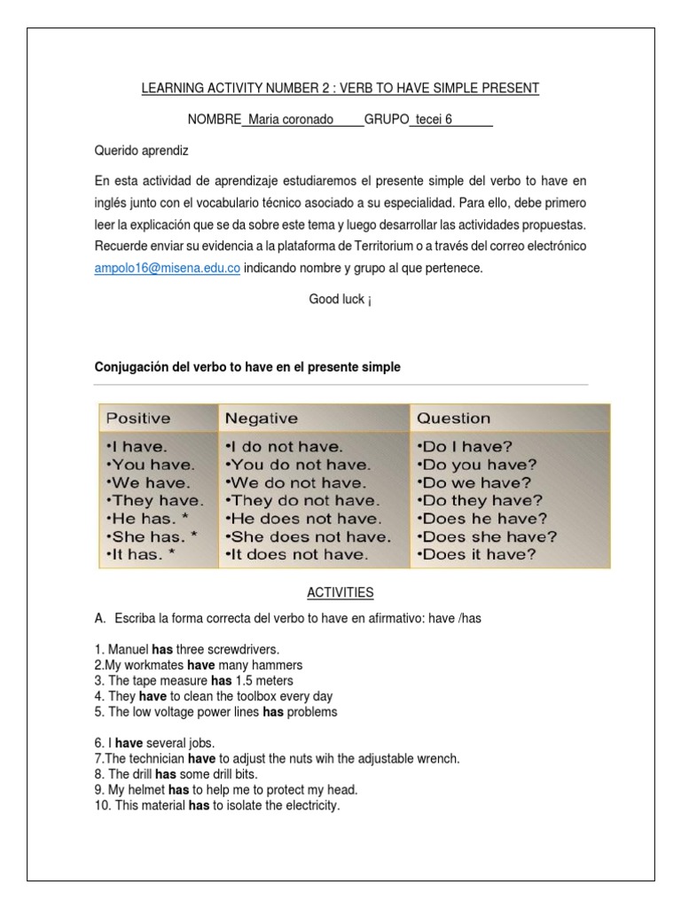 Actividad 1 Verb To Have | PDF | Safety | Electromagnetism
