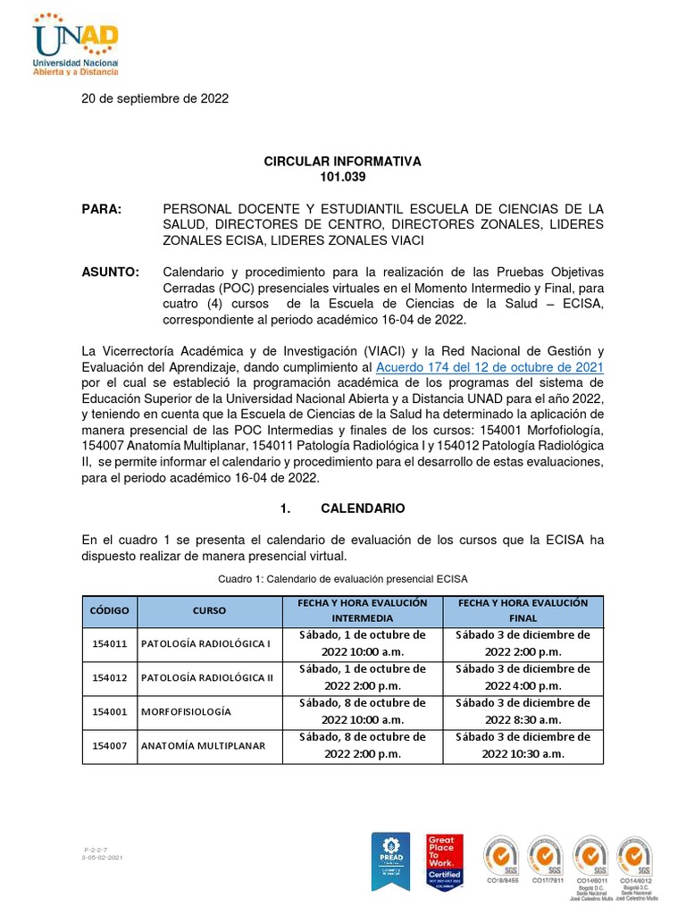 Circular Viaci 101.039 - 2022 - Evaluaciones Poc Intermedia y Final Ecisa 1604 | PDF ...