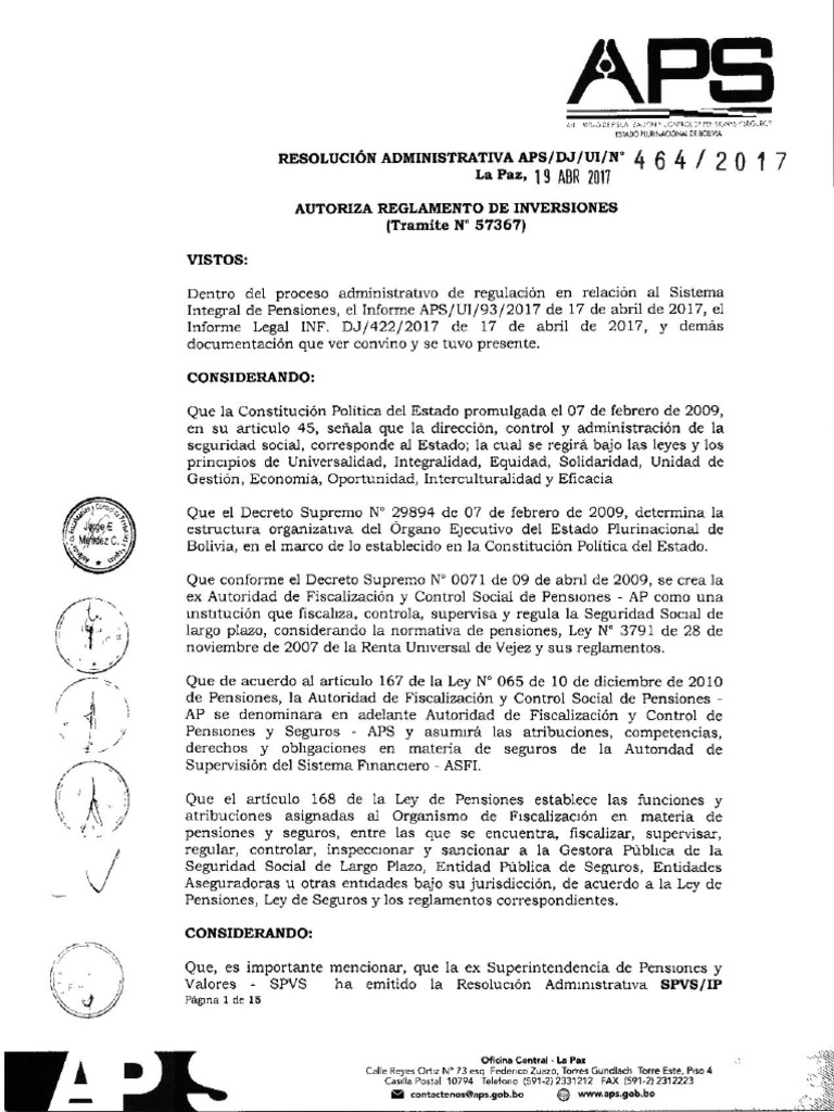 Reglamento de Inversiones APS 2017 | PDF | Pensión | Seguro