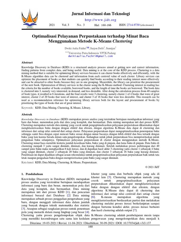 137-Article Text-332-1-10-20210328 | Unduh gratis PDF | Analisis Cluster | Penambangan Data
