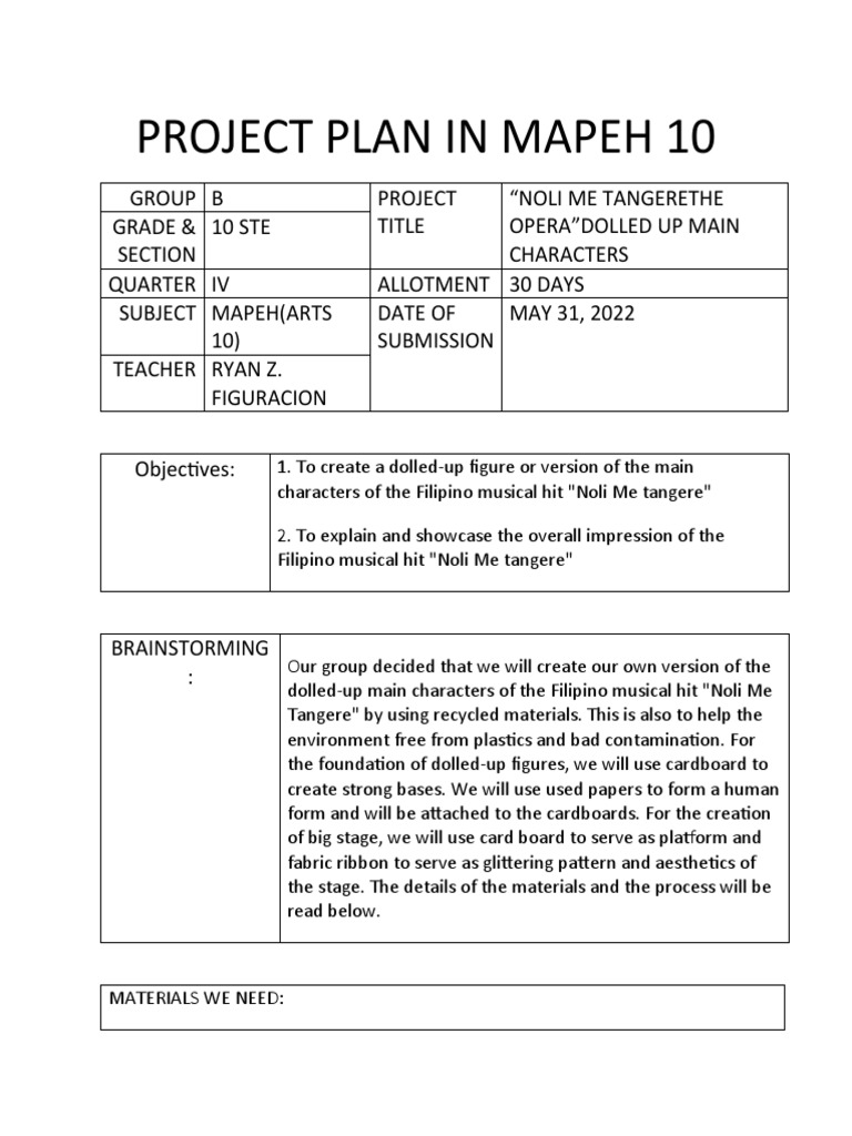 PROJECT PLAN IN MAPEH 10 | PDF | Secondary Sector Of The Economy ...