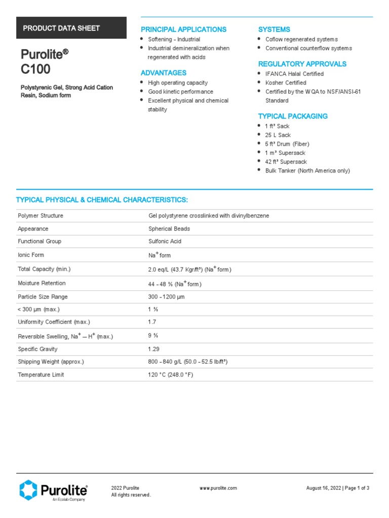Purolite C100: Product Data Sheet | PDF | Sodium | Chemistry