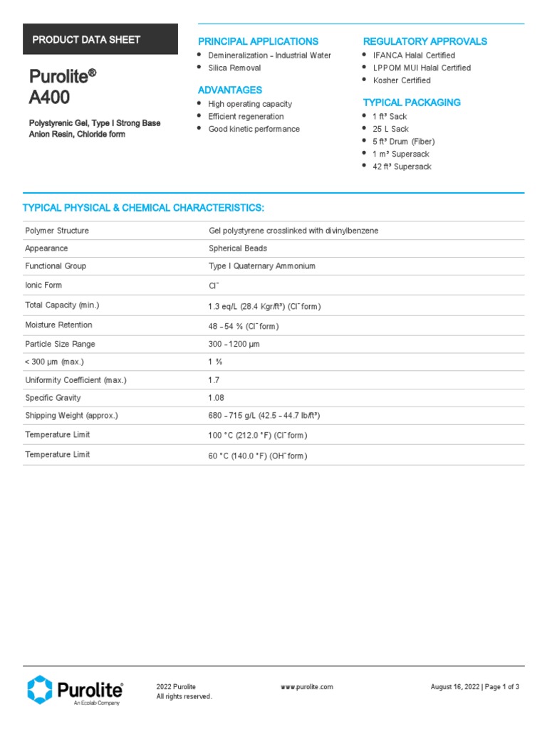 Purolite A400: Product Data Sheet | PDF | Chlorine | Gel