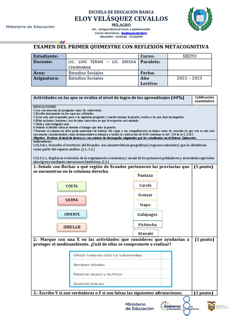 Estudios Sociales 6to Examen | PDF | Prueba (evaluación) | Ecuador