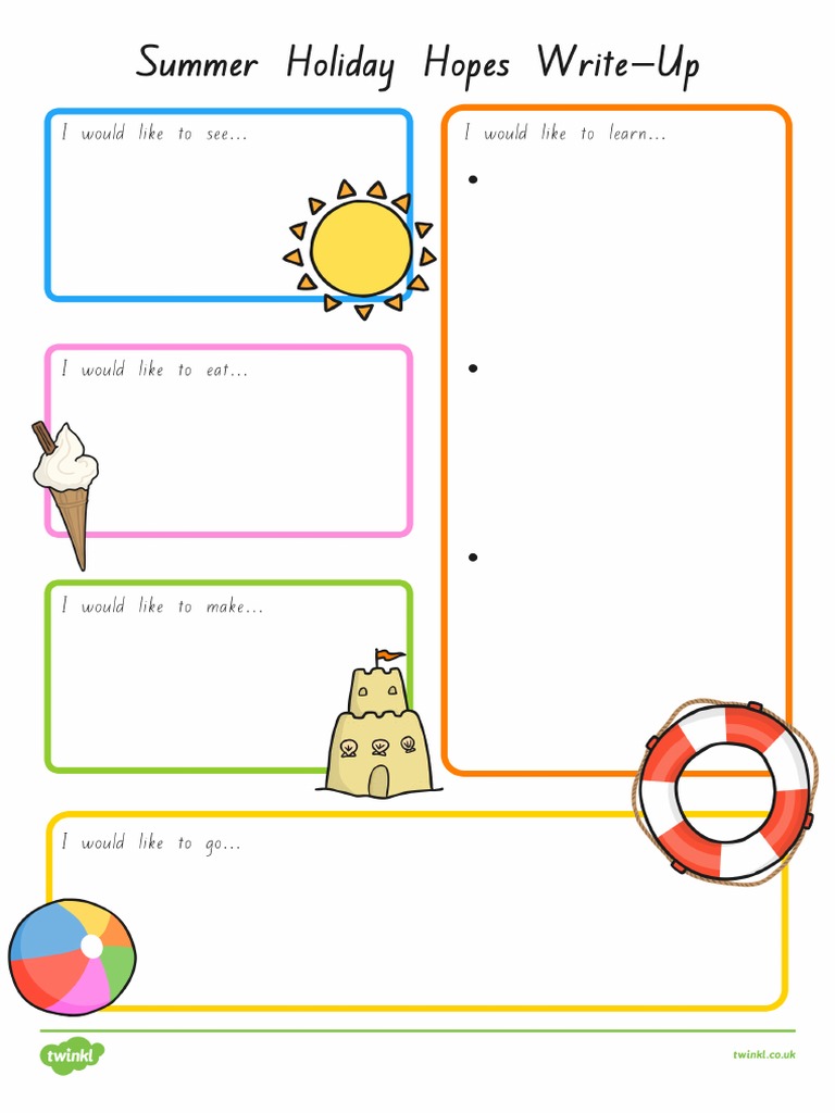 Summer Holiday Hopes Write Up Worksheet | PDF