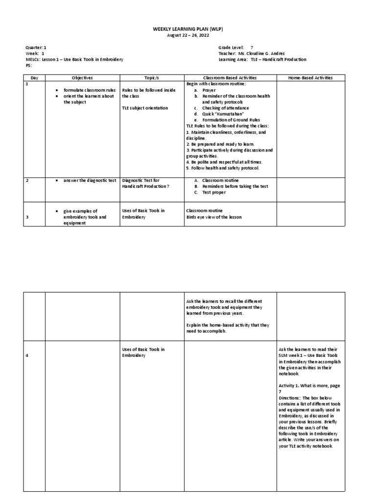 Week 1 Handicraft Weekly Learning Plan 7 | PDF | Learning | Sewing