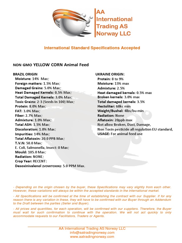 Brazil Ukraine NON GMO Yellow Corn Animal Feed SPECIFICATIONS | PDF | Wellness