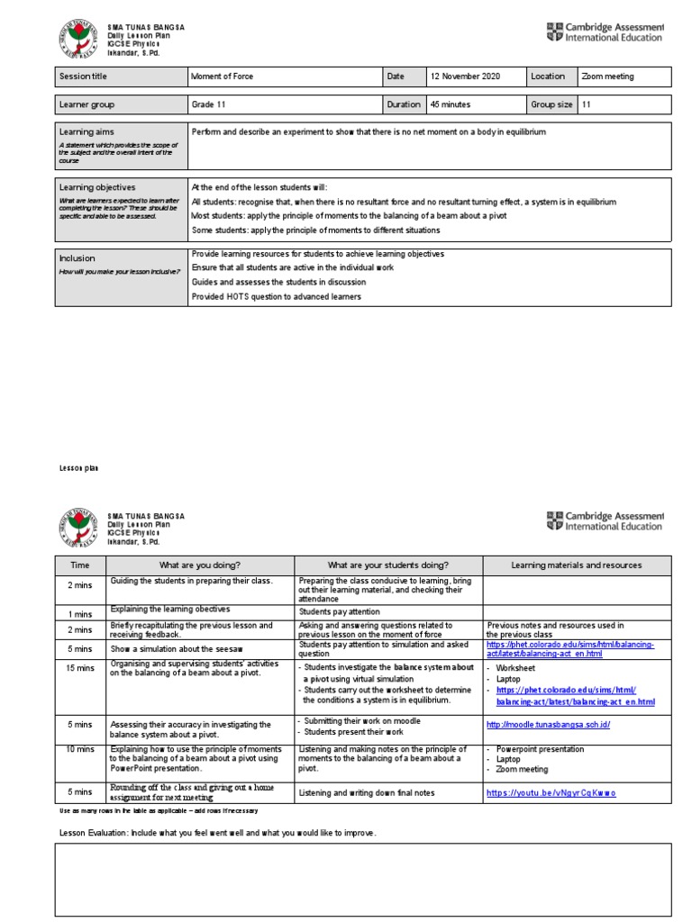 Physics Y11 - Moment of Force | PDF | Lesson Plan | Learning