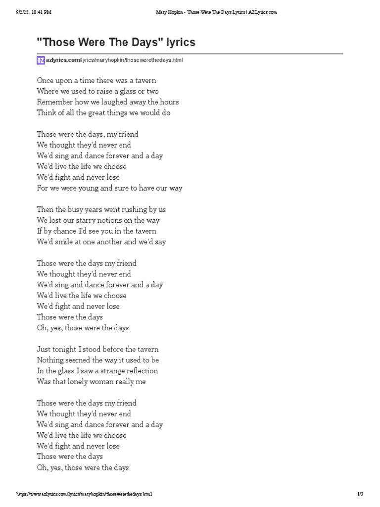 Those Were The Days Lyrics | PDF | Poetry | Classics