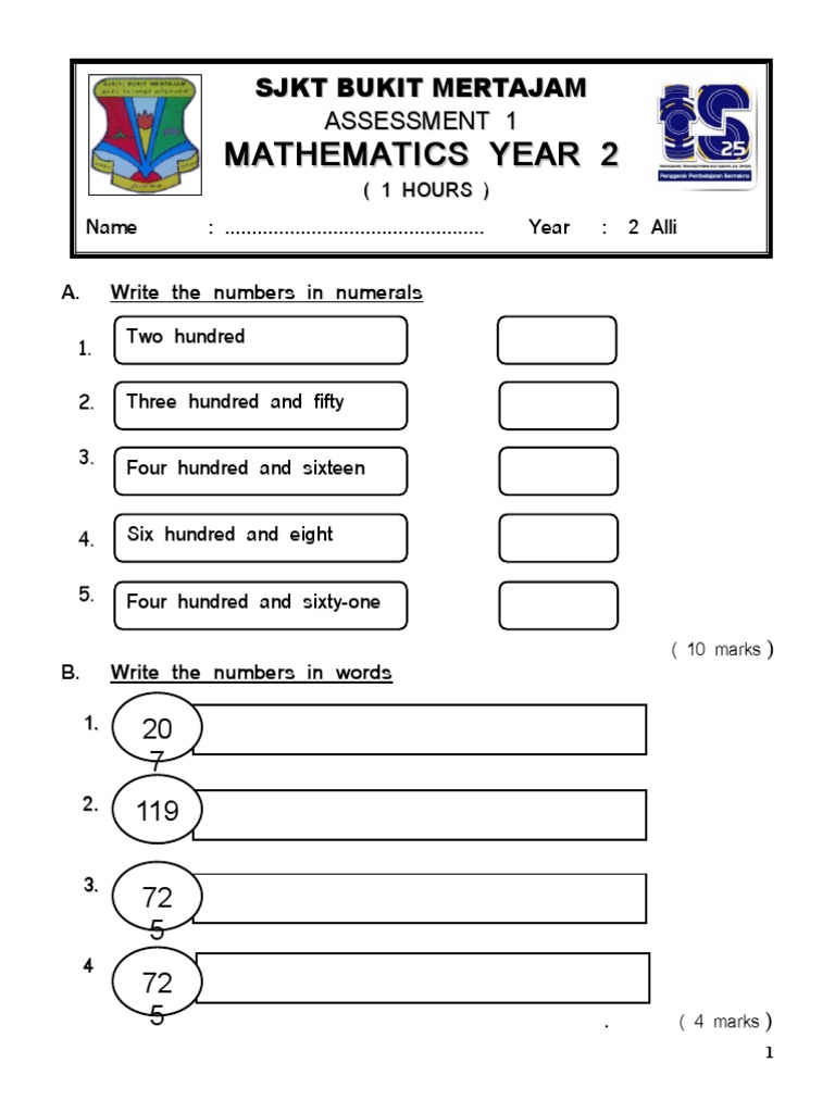 Year 2 Mathematics Exam Paper | PDF