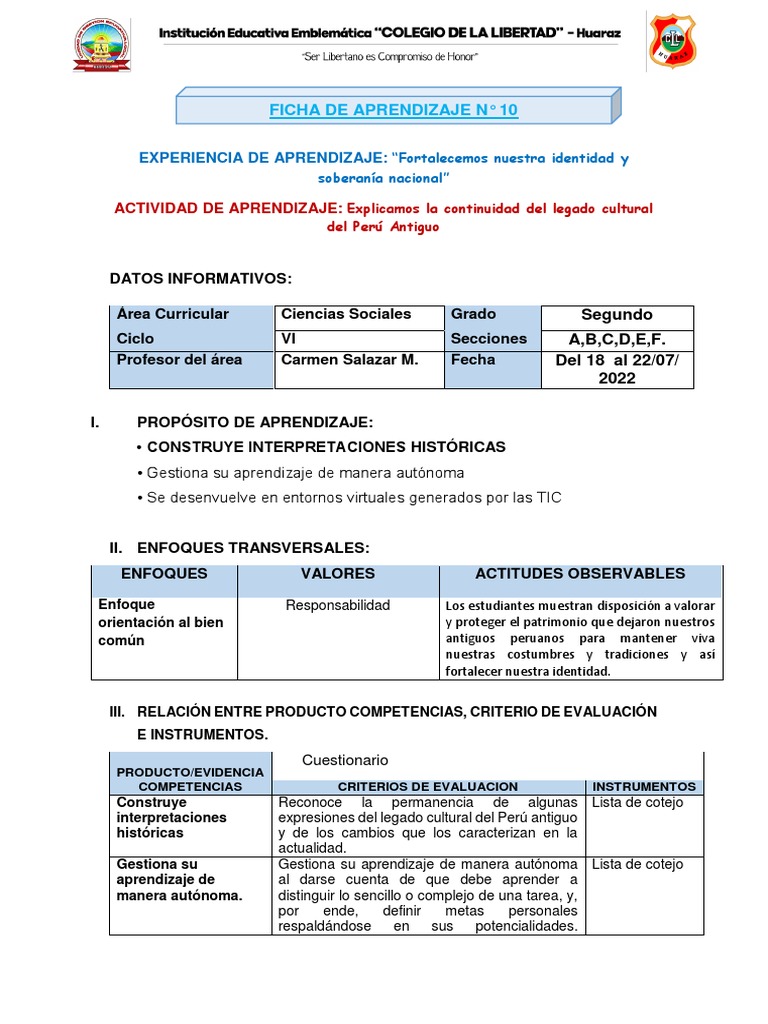 Ficha de Aprendizaje #10 CC - SS | PDF | Aprendizaje | Evaluación