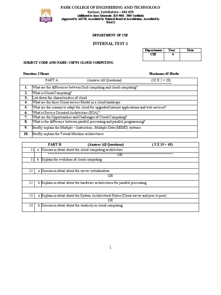 CLOUD COMPUTING - UNIT 1 - Question Paper | PDF | Cloud Computing | Computing