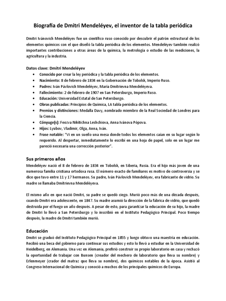 Biografía de Dmitri Mendeléyev | PDF | Química | Tabla periódica