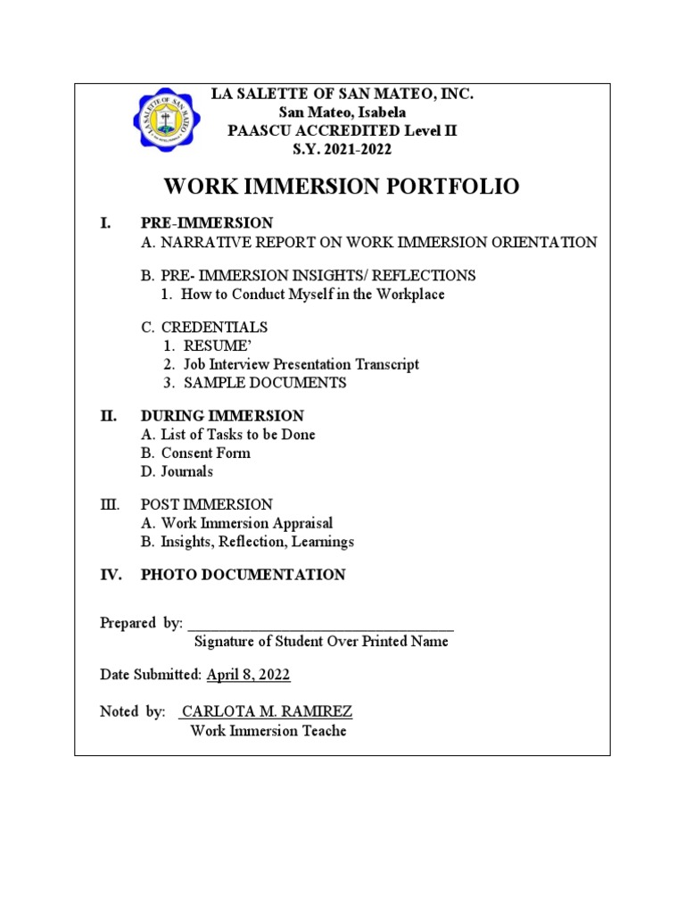 Cover Page - Work Immersion Portfolio - Done | PDF