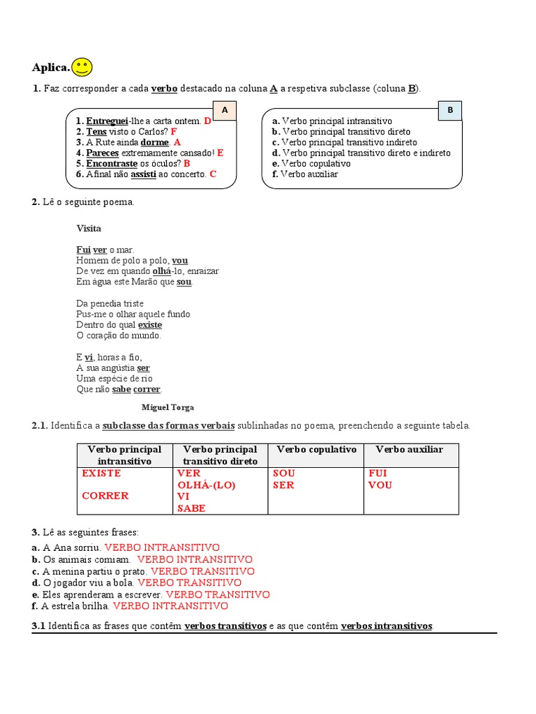Ficha de Trabalho Subclasses Do Verbo | PDF | Linguística