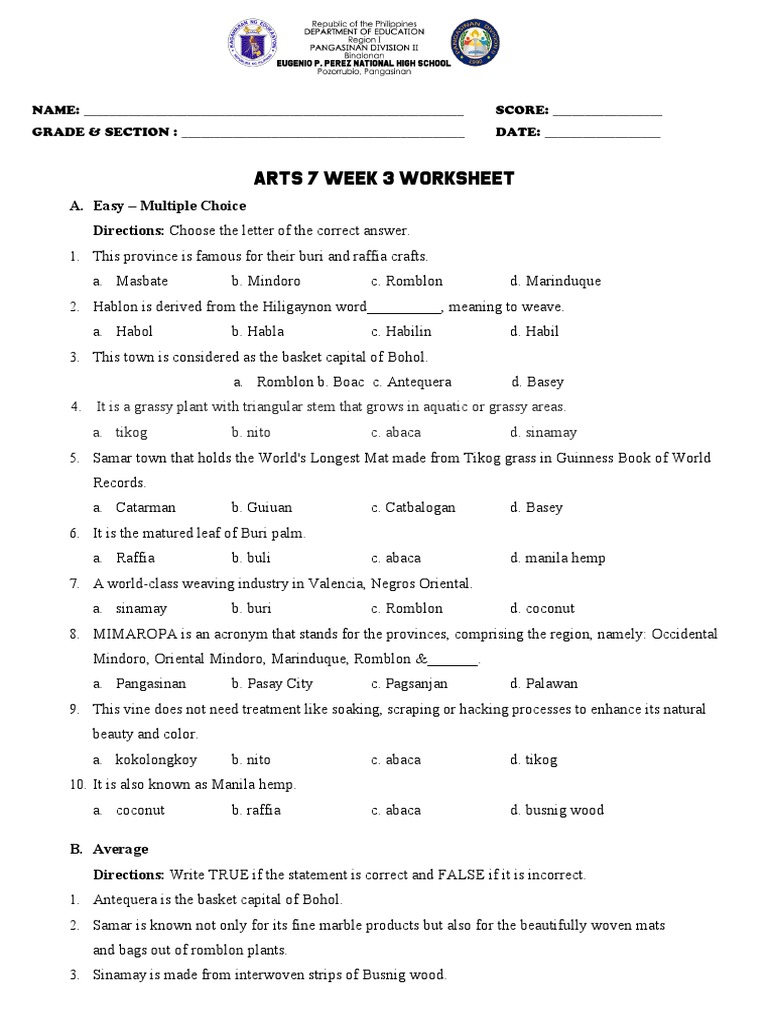 ARTS 7 wk.3-7 Worksheet | Download Free PDF | Weaving | Textiles