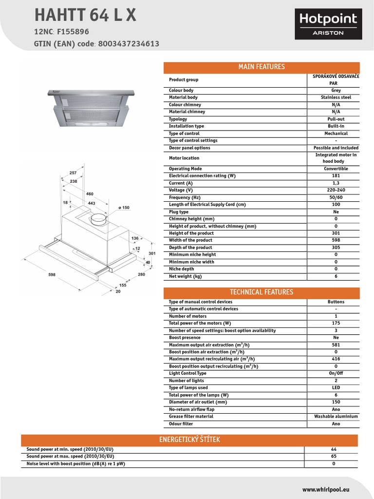 12NC F155896 GTIN (EAN) Code 8003437234613: Main Fea Main Features ...