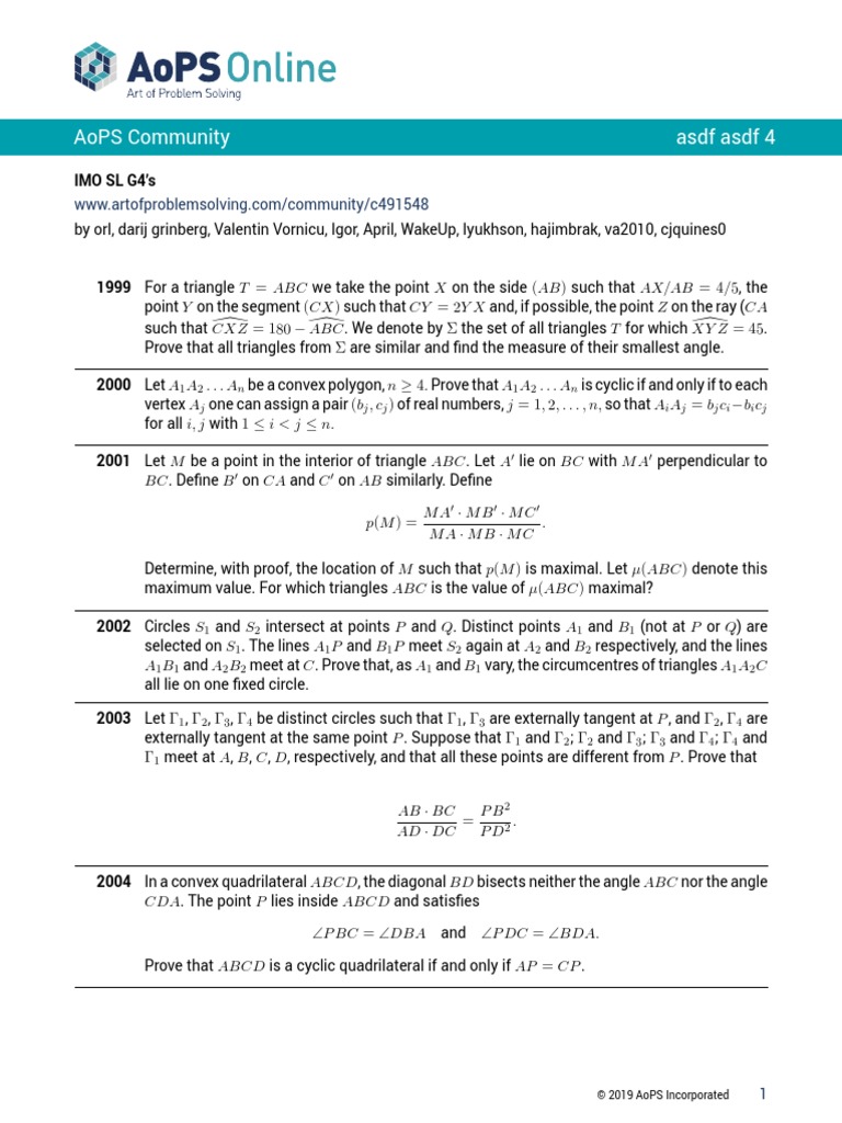 Aops Community Asdf Asdf 4: Imo SL G4'S | PDF | Triangle | Elementary Mathematics