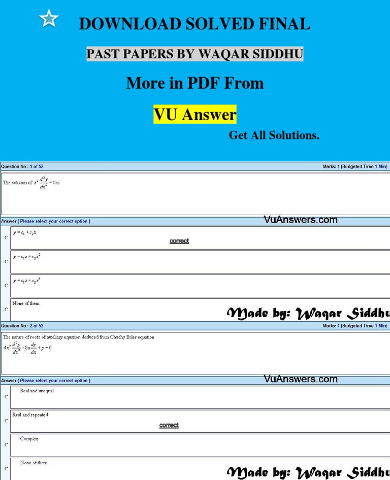 MTH401 Final Term MCQs by Waqar Siddhu | PDF