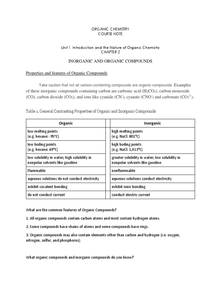 Organic vs. Inorganic Compounds | PDF | Organic Compounds | Chemical ...