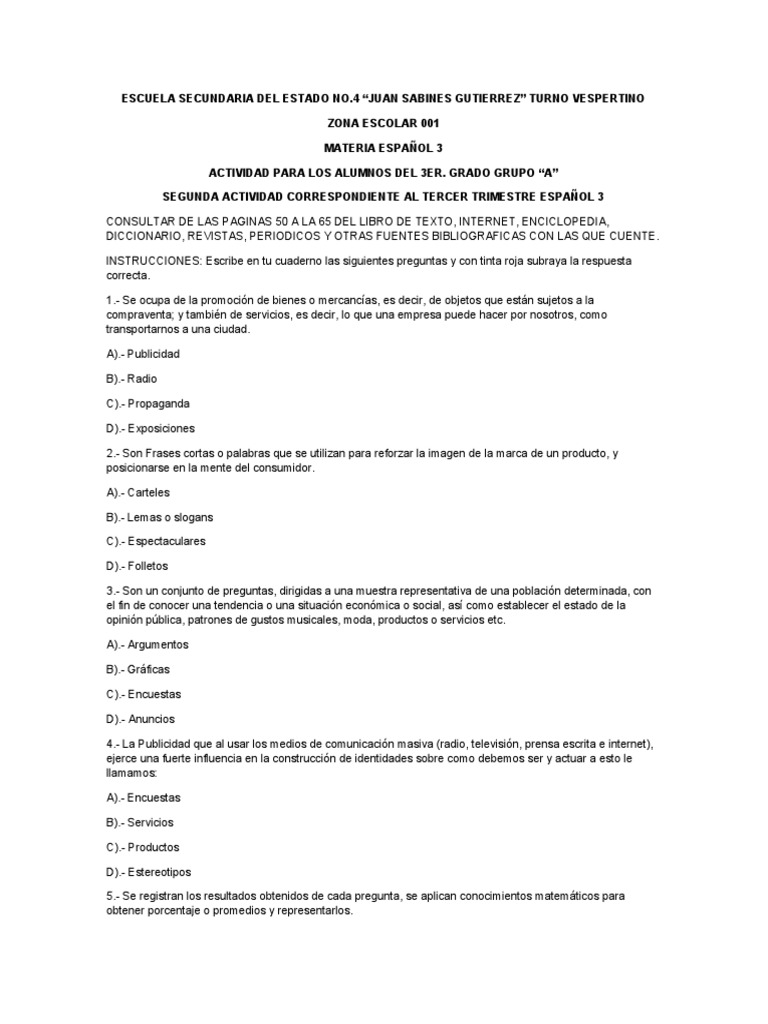 Treceava Actividad Español 3 Grado A | PDF | Publicidad | Comunicación