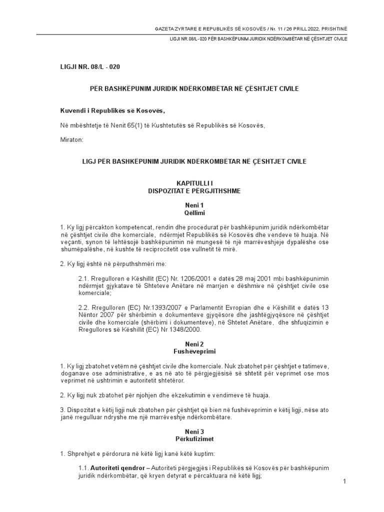 Ligji NR.-08-L-020 Për Bashkëpunim Juridik Ndërkombëtar Në Çështjet ...