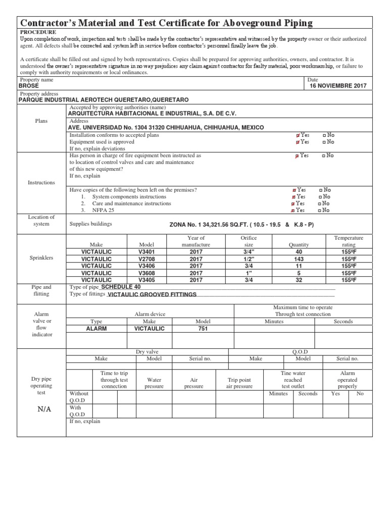 NFPA 13 - Aboveground Piping Test Certificate Zona 1..(PDF) | PDF ...