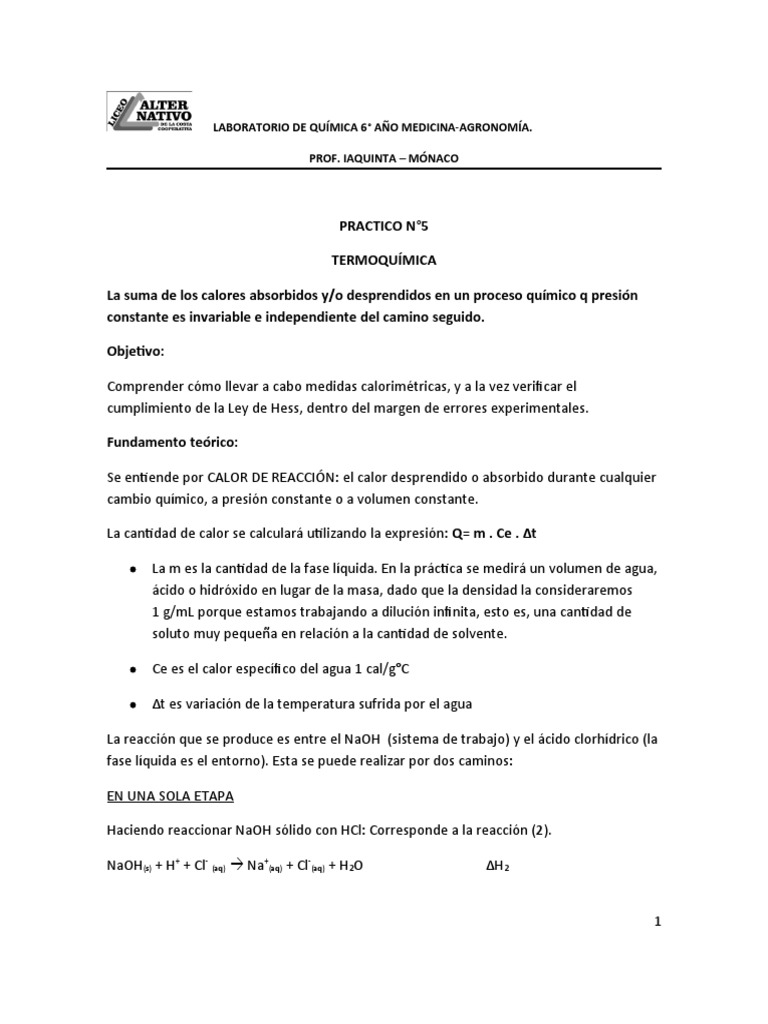 Práctico 5 Termoquímica | PDF | Hidróxido de sodio | Ácido clorhídrico