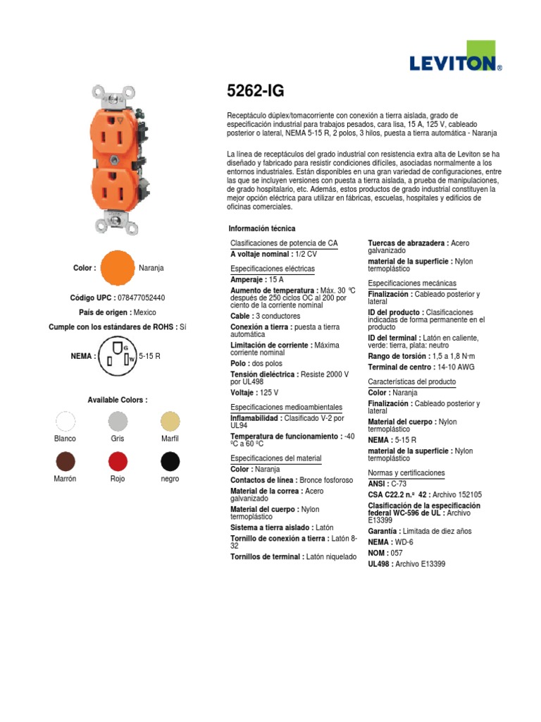 Ficha Tecnica Toma Levinton Naranja | PDF | Tierra | Ingenieria Eléctrica