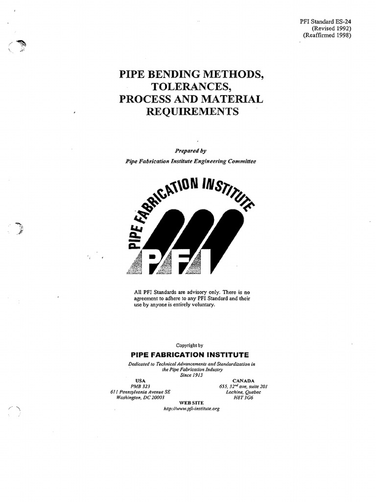PFI ES-24 1992 (1998 Reaffirmed) Pipe Bending Methods, Tolerances ...