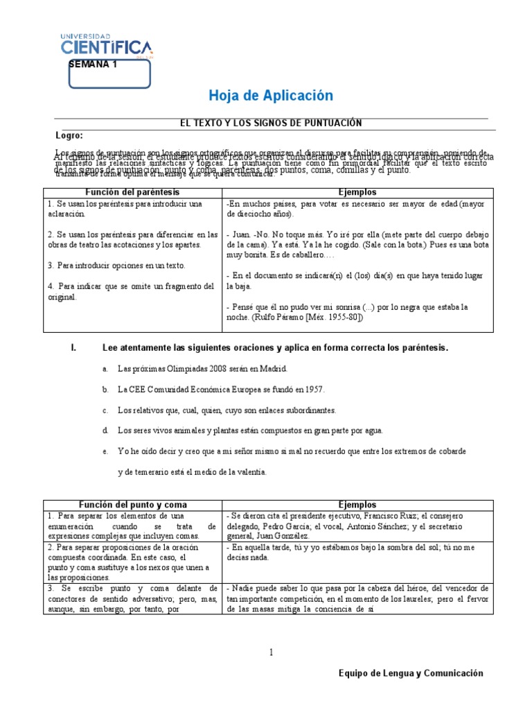 Hoja de Aplicación. Sem 1 | PDF | Puntuación | Comillas