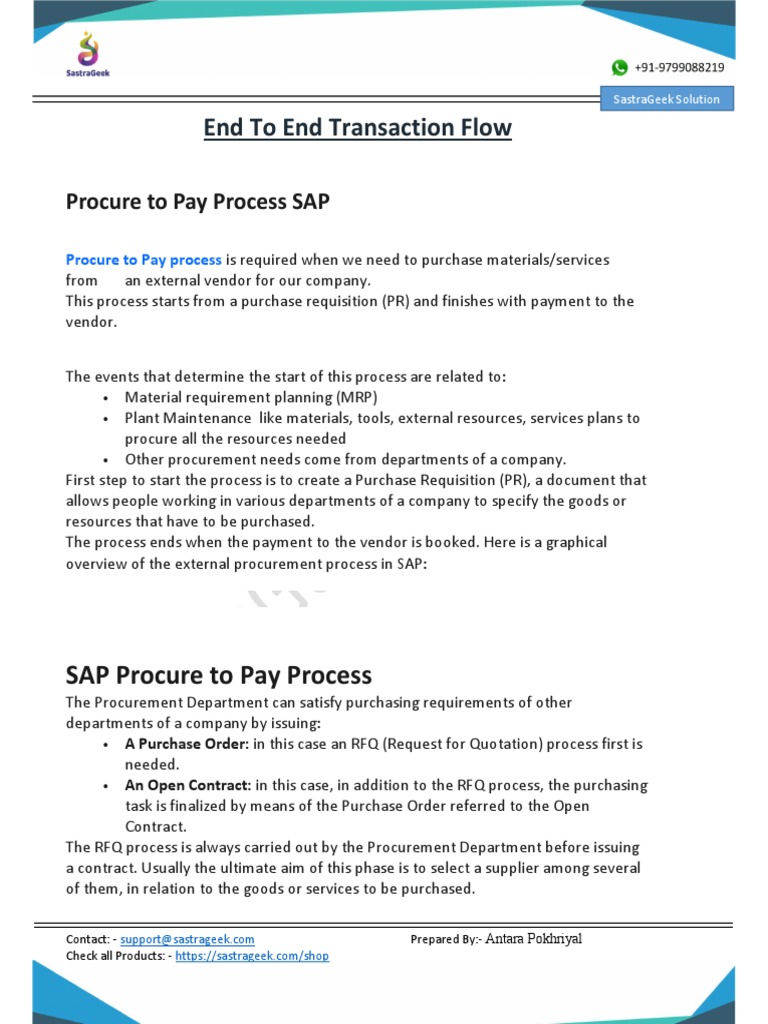 End To End Transaction Flow: Procure To Pay Process SAP | PDF ...