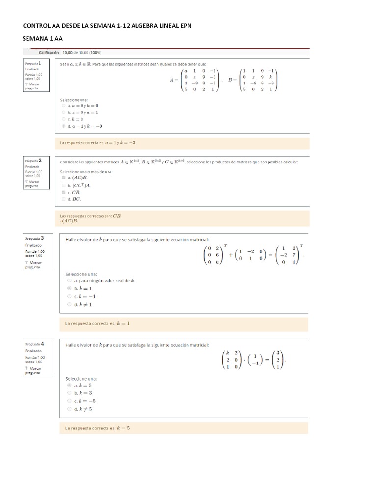 Control AA Álgebra Lineal Semanas 1-12 | PDF | Cocina, comidas y vino ...
