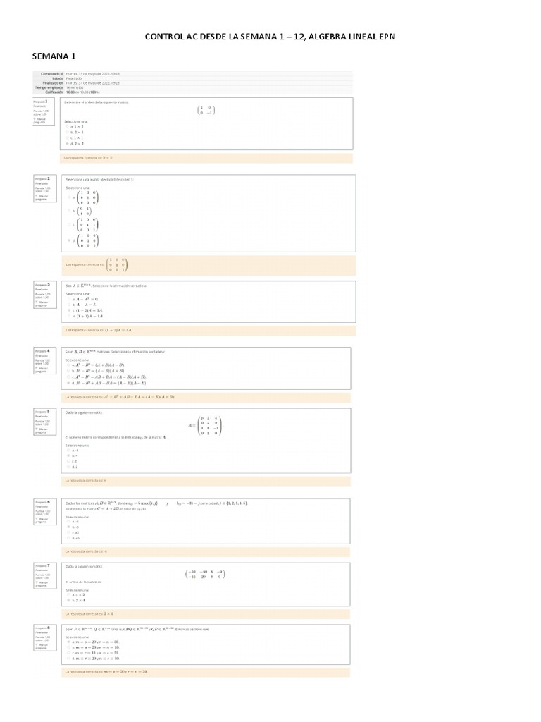 Control Ac Desde La Semana 1 - 13 Algebra Lineal - Epn | PDF