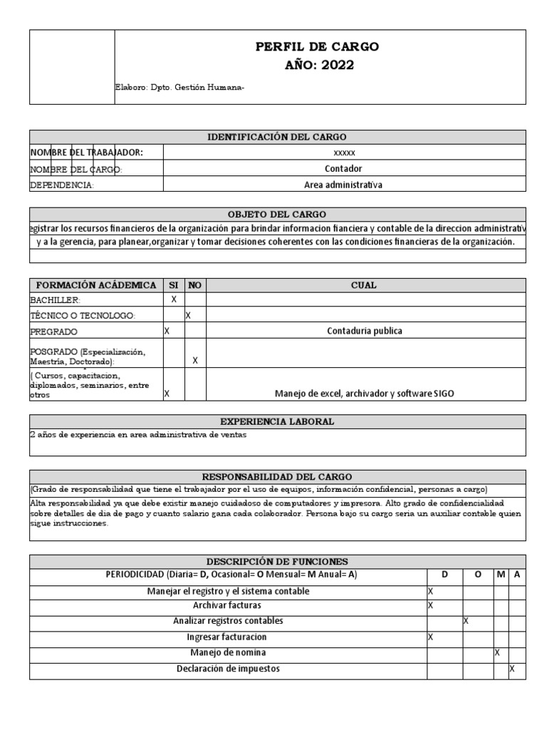 Formato 1 para Perfiles de Cargo | Descargar gratis PDF | Contador | Toma de decisiones