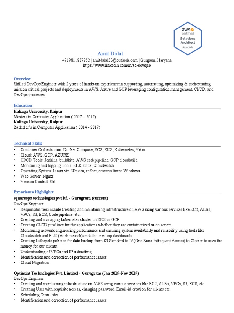 Amit Dalal's DevOps Engineer Resume Highlighting Experience With AWS ...