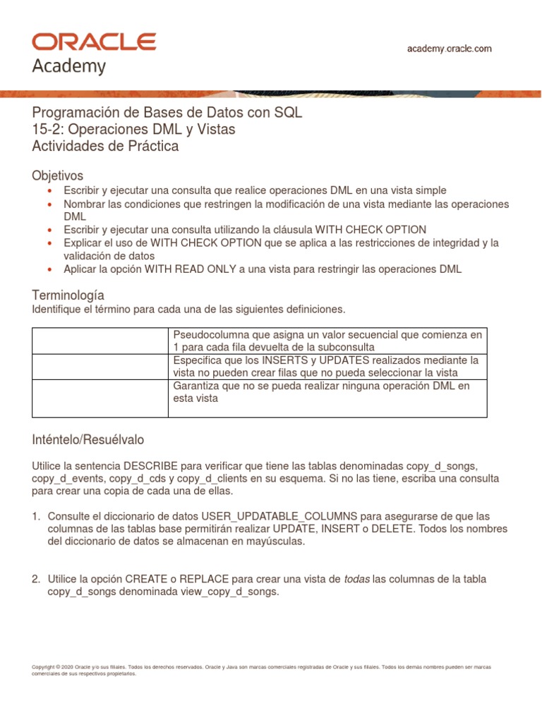 DP 15 2 Practice Esp | PDF | SQL | Oracle Corporation